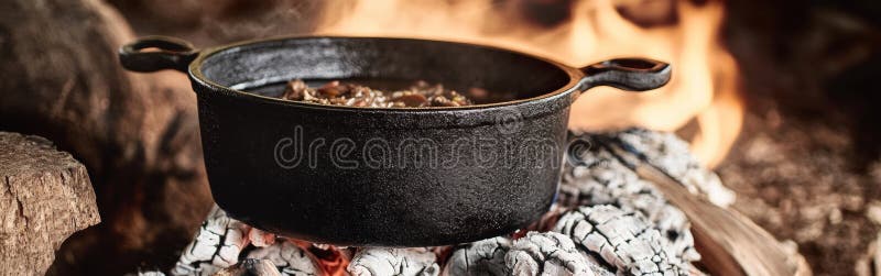A Cast Iron Pot Rests Over an Open Fire, Cooking a Hearty Stew. Natural ...