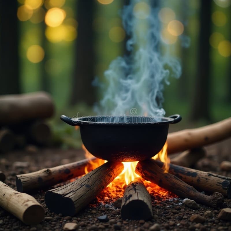 Cast Iron Pot Simmering on Campfire, Wooden Stand , Red, Rustic Stock ...