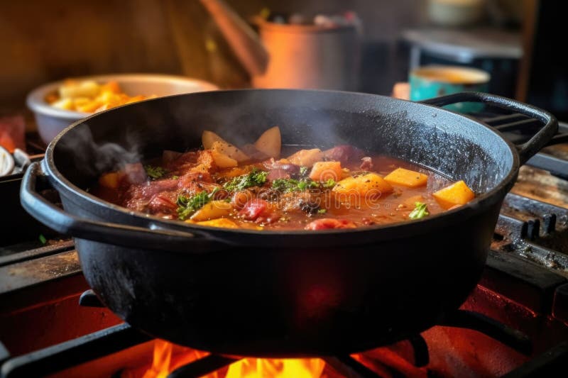 Cast Iron Pot on a Stove, Stew Ingredients Simmering Inside Stock ...