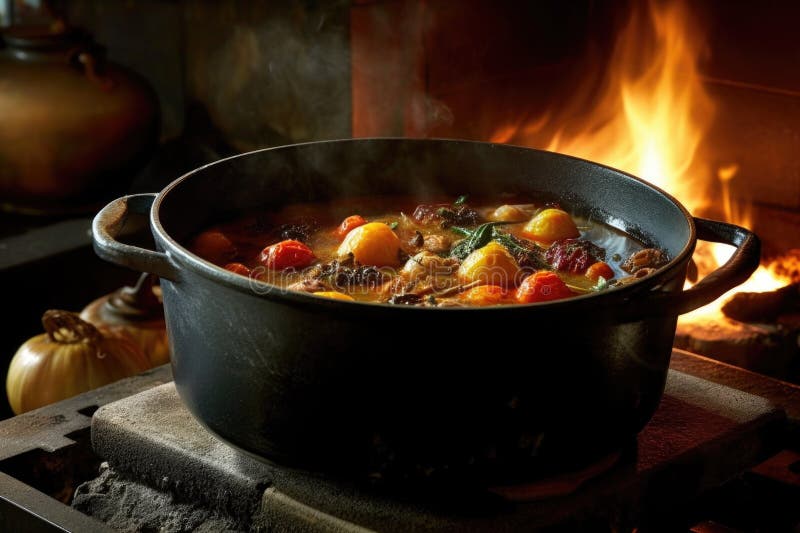 Cast Iron Pot on a Stove, Stew Ingredients Simmering Inside Stock ...