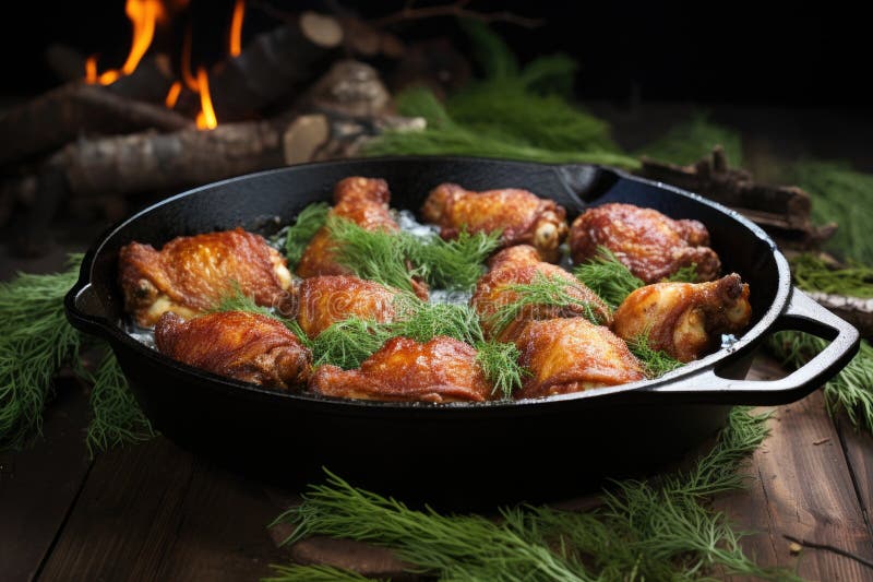 Cast Iron Skillet with Sizzling Fried Chicken Stock Image - Image of ...