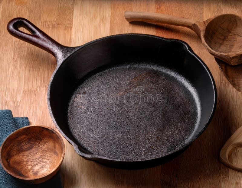 A Cast Iron Skillet with Traditional Cooking Utensils Stock ...