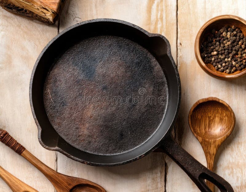 A Cast Iron Skillet with Traditional Cooking Utensils Stock ...