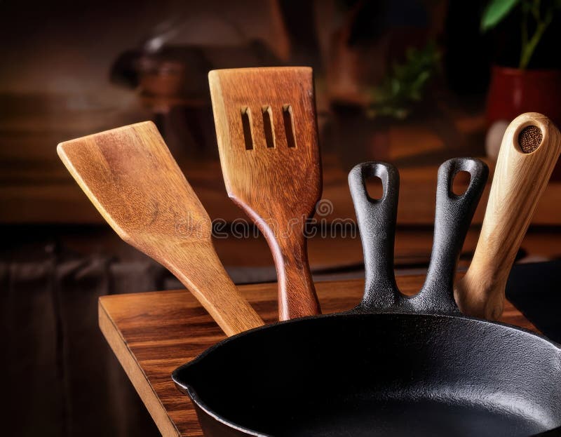 A Cast Iron Skillet with Traditional Cooking Utensils Stock ...