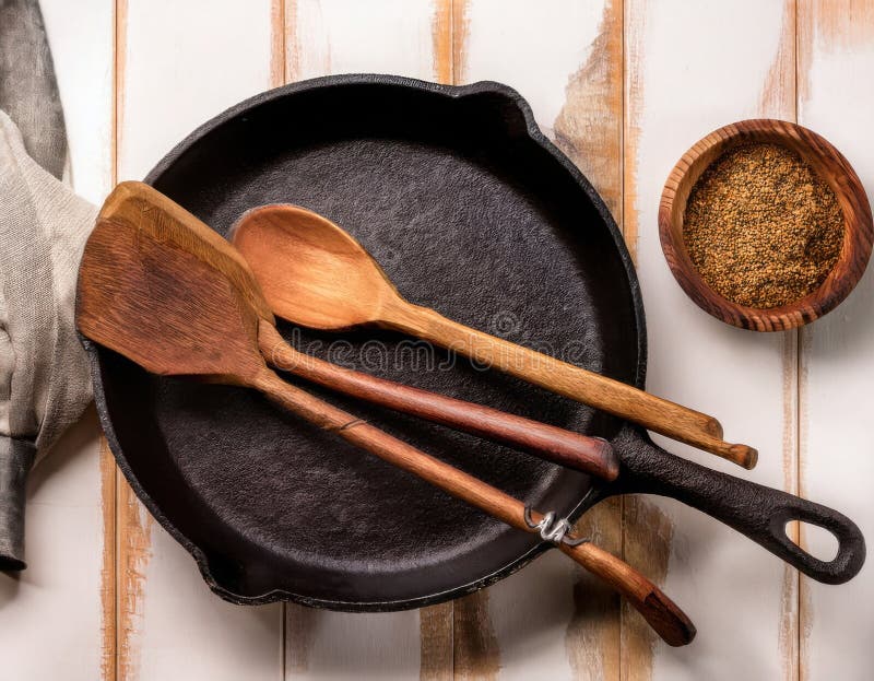 A Cast Iron Skillet with Traditional Cooking Utensils Stock ...