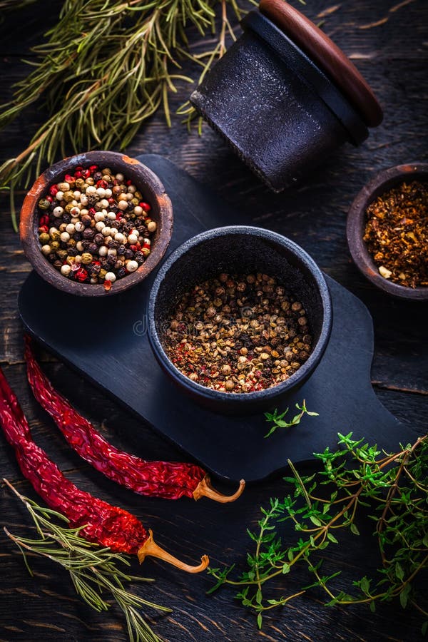 Cast Iron Spice Mill for Pepper, Salt and Herbs with Ingredients Stock ...