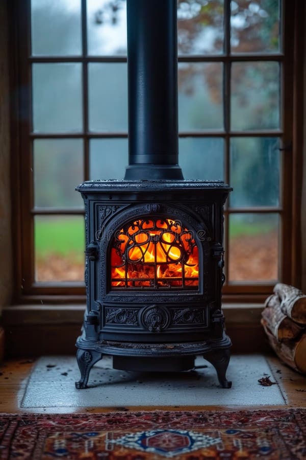 Cast-iron Stove in a Rustic House with a Fire Lit Inside To Heat the ...
