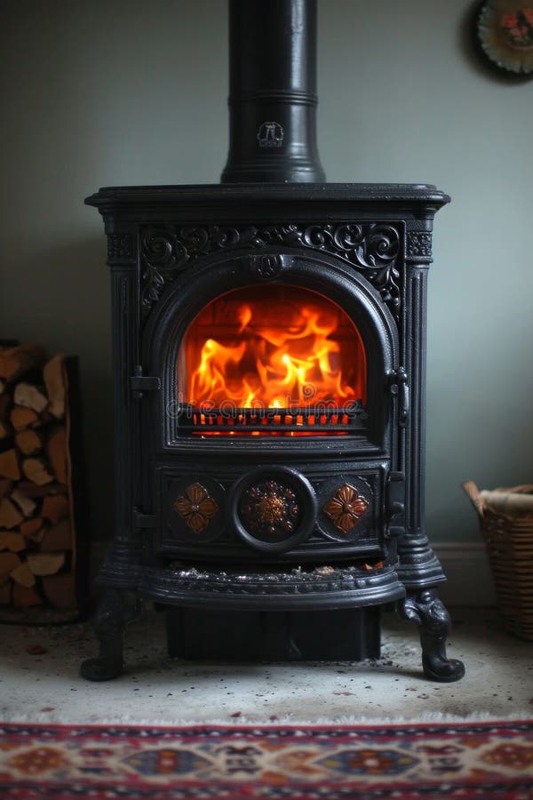 Cast-iron Stove in a Rustic House with a Fire Lit Inside To Heat the ...