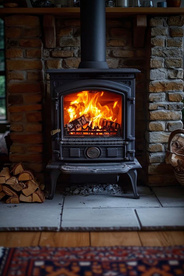 Cast-iron Stove in a Rustic House with a Fire Lit Inside To Heat the ...