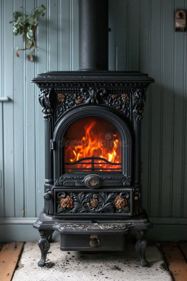 Cast-iron Stove in a Rustic House with a Fire Lit Inside To Heat the ...