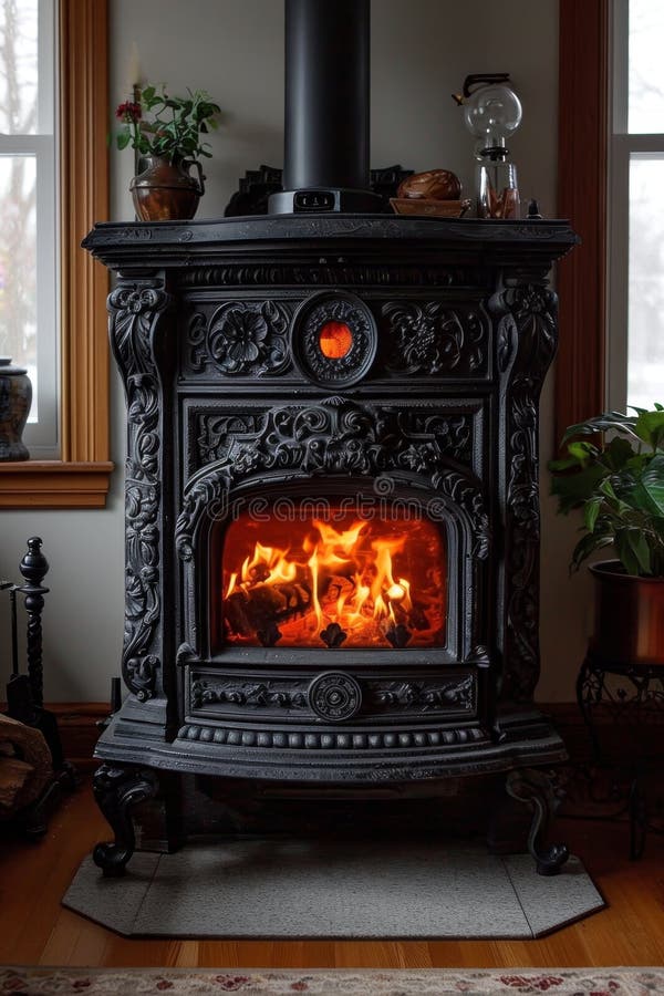 Cast-iron Stove in a Rustic House with a Fire Lit Inside To Heat the ...