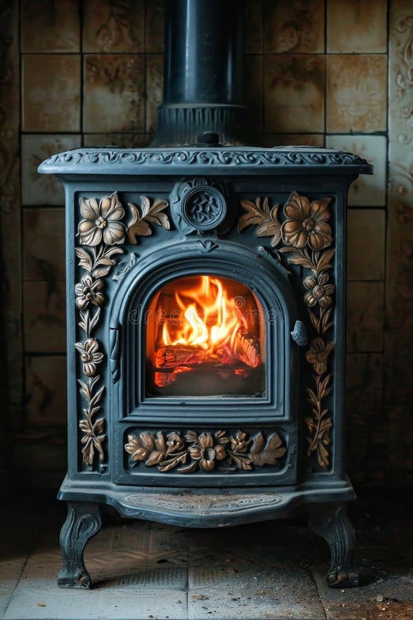 Cast-iron Stove in a Rustic House with a Fire Lit Inside To Heat the ...