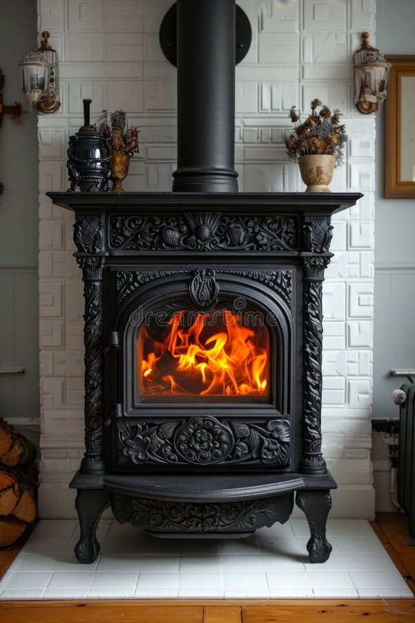 Cast-iron Stove in a Rustic House with a Fire Lit Inside To Heat the ...