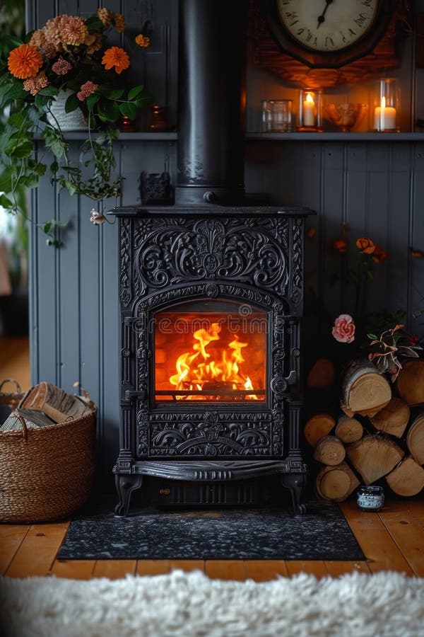 Cast-iron Stove in a Rustic House with a Fire Lit Inside To Heat the ...