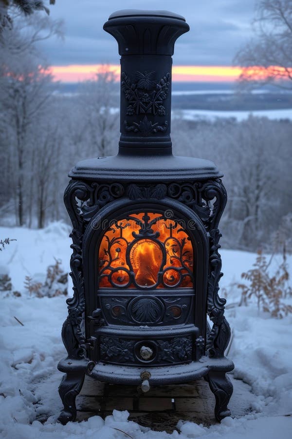 Cast-iron Stove in a Rustic House with a Fire Lit Inside To Heat the ...
