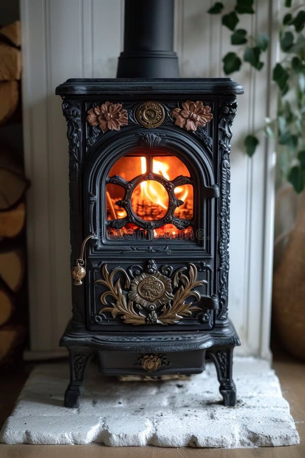 Cast-iron Stove in a Rustic House with a Fire Lit Inside To Heat the ...