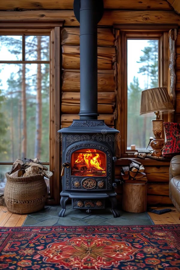 Cast-iron Stove in a Rustic House with a Fire Lit Inside To Heat the ...