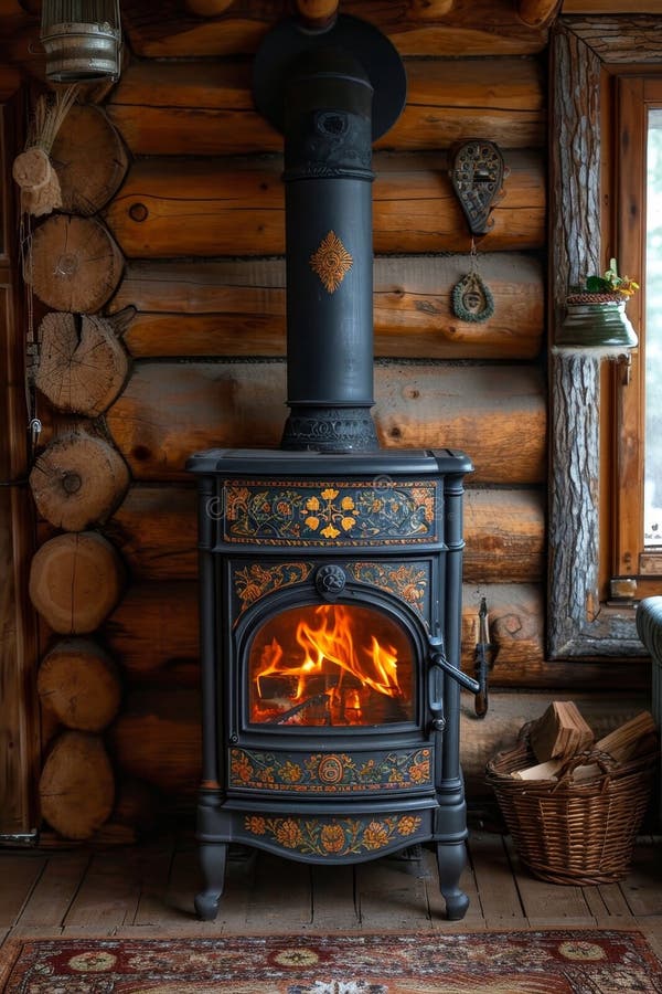 Cast-iron Stove in a Rustic House with a Fire Lit Inside To Heat the ...
