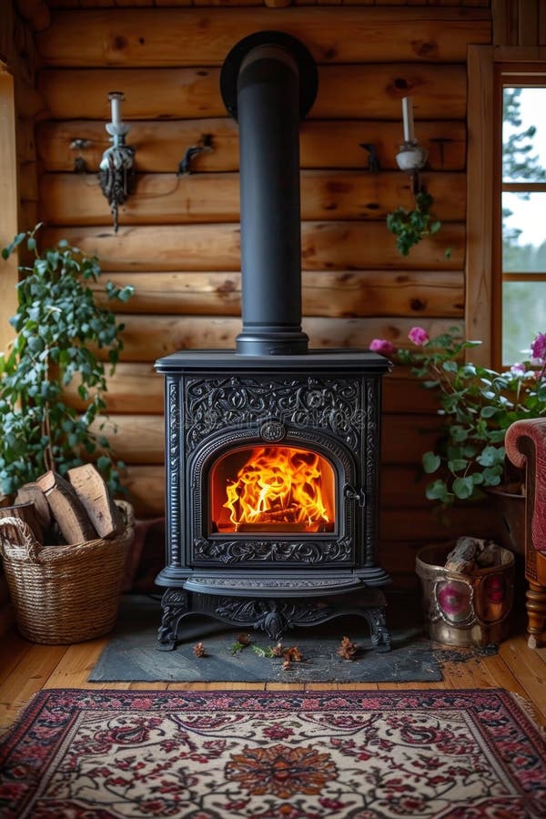 Cast-iron Stove in a Rustic House with a Fire Lit Inside To Heat the ...