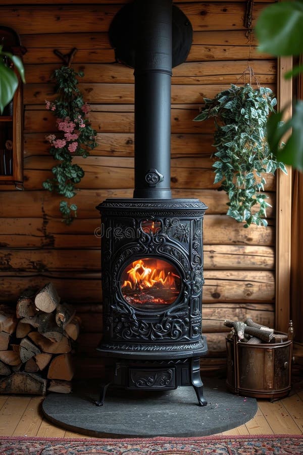 Cast-iron Stove in a Rustic House with a Fire Lit Inside To Heat the ...