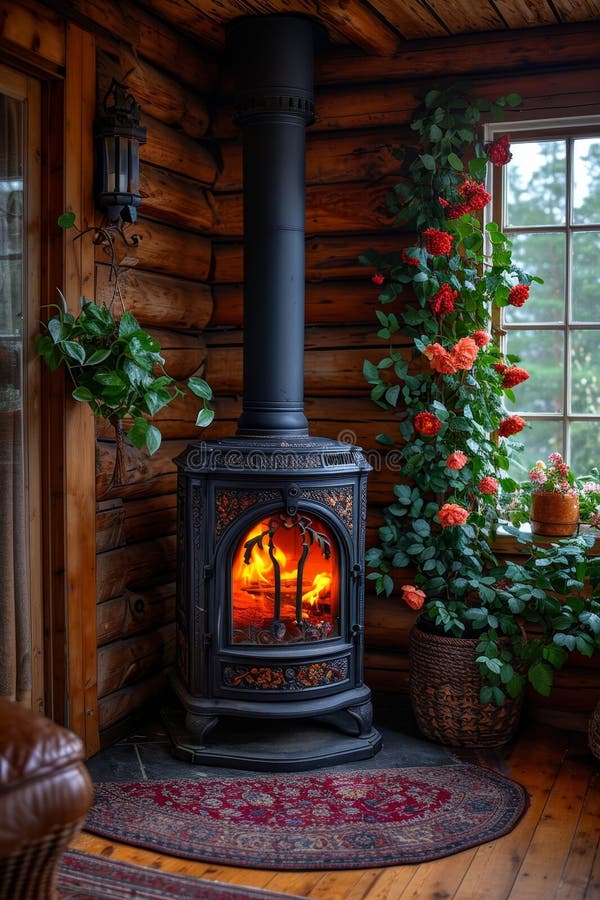 Cast-iron Stove in a Rustic House with a Fire Lit Inside To Heat the ...