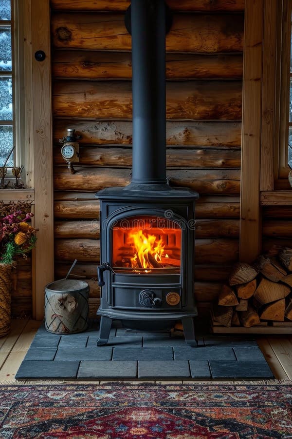 Cast-iron Stove in a Rustic House with a Fire Lit Inside To Heat the ...