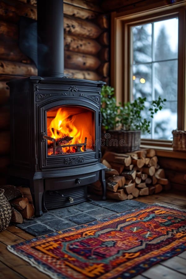 Cast-iron Stove in a Rustic House with a Fire Lit Inside To Heat the ...