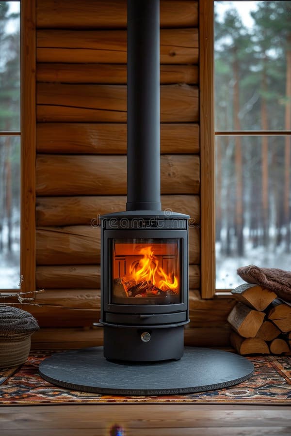 Cast-iron Stove in a Rustic House with a Fire Lit Inside To Heat the ...
