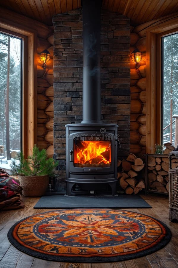Cast-iron Stove in a Rustic House with a Fire Lit Inside To Heat the ...