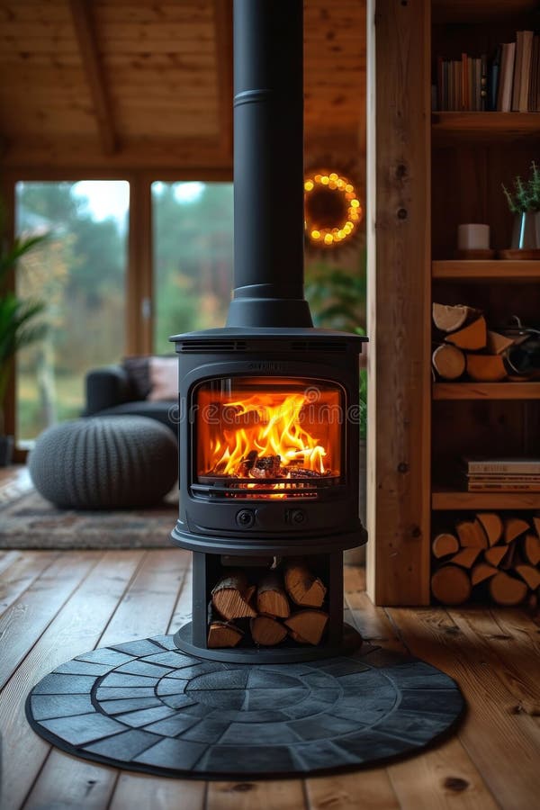 Cast-iron Stove in a Rustic House with a Fire Lit Inside To Heat the ...