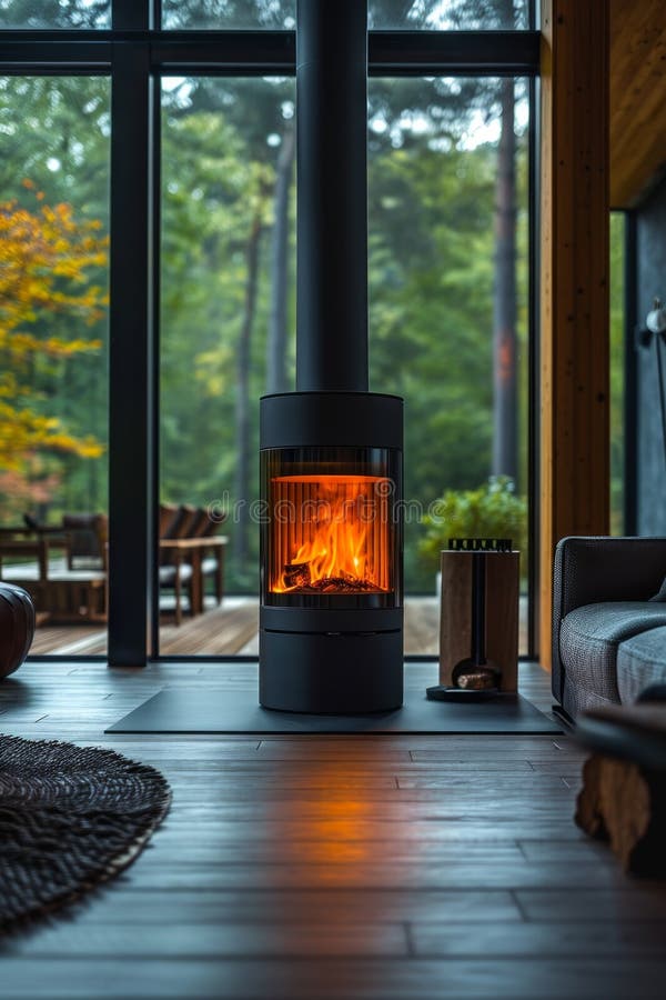 Cast-iron Stove in a Rustic House with a Fire Lit Inside To Heat the ...
