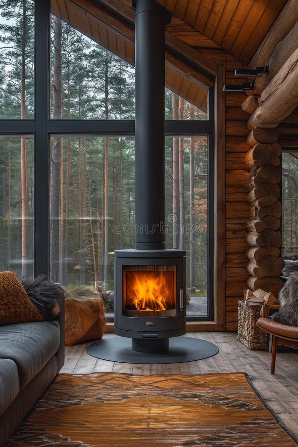Cast-iron Stove in a Rustic House with a Fire Lit Inside To Heat the ...
