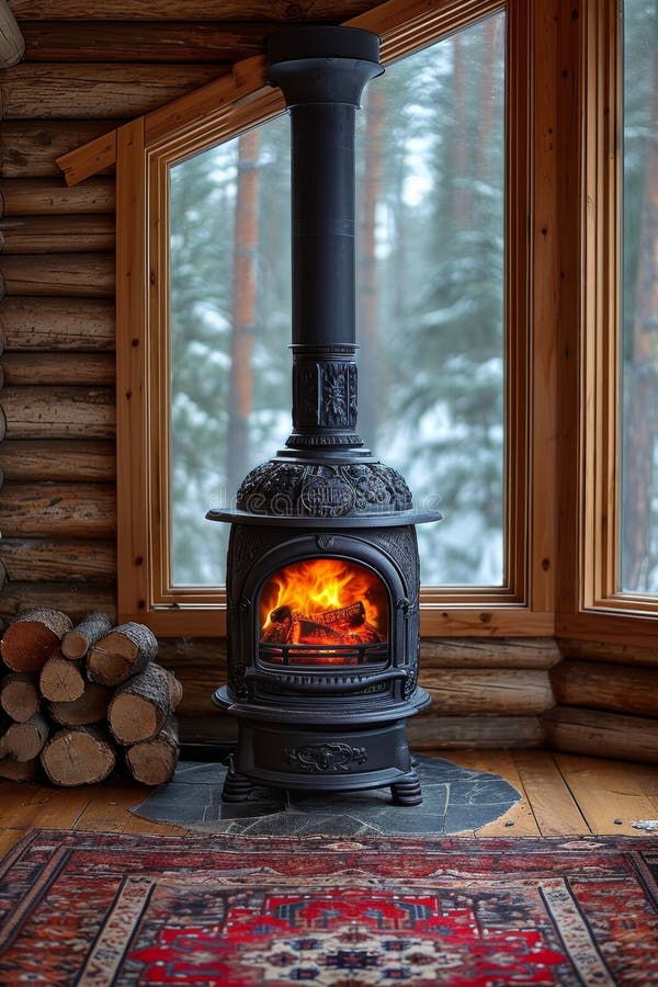 Cast-iron Stove in a Rustic House with a Fire Lit Inside To Heat the ...
