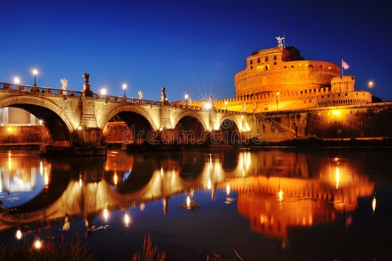Castel Sant Angelo and River Tiber at Night, Rome, Italy Stock Photo ...