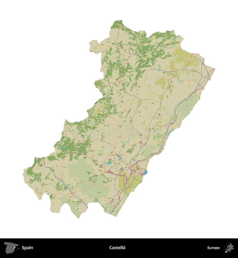 Castello, Spain, Isolated on White. Topographic Humanitarian Stock ...