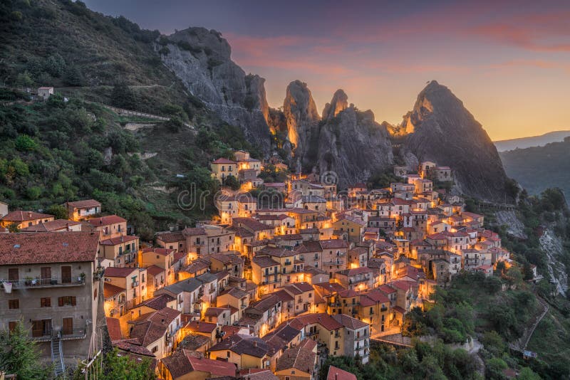 Castelmezzano, Italy Village at Dawn Stock Photo - Image of landmark ...