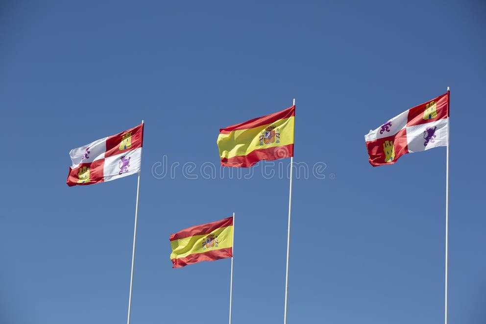 Castile and Leon and Spanish Flags Stock Photo - Image of spanish, pole ...