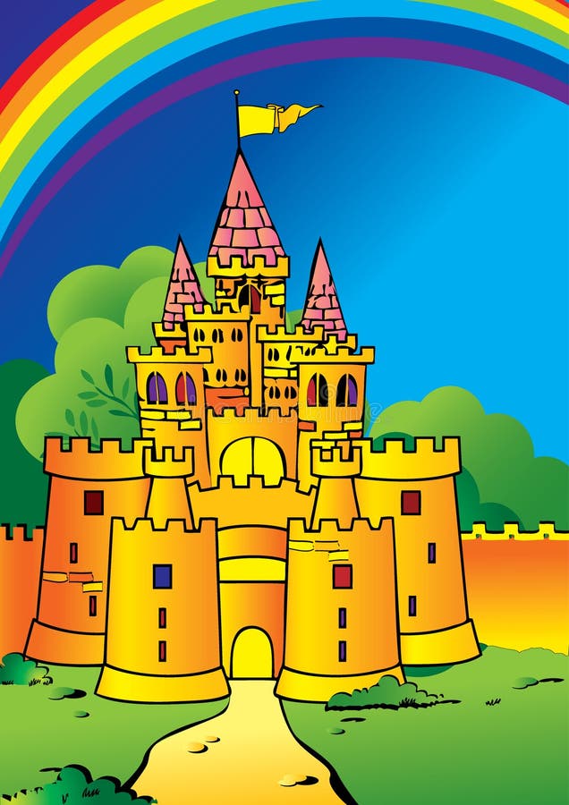 Fairytale Castle and Rainbow Stock Illustration - Illustration of ...