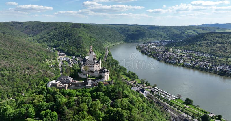 Castle Along the Rhine River in Germany. Aerial View. Stock Footage ...