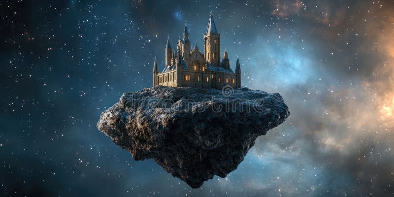 A Castle Atop a Floating Rock Drifting through the Sky for Fantasy ...