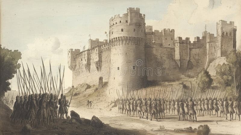 Castle Battlements Lined with Archers Preparing for an Approaching ...