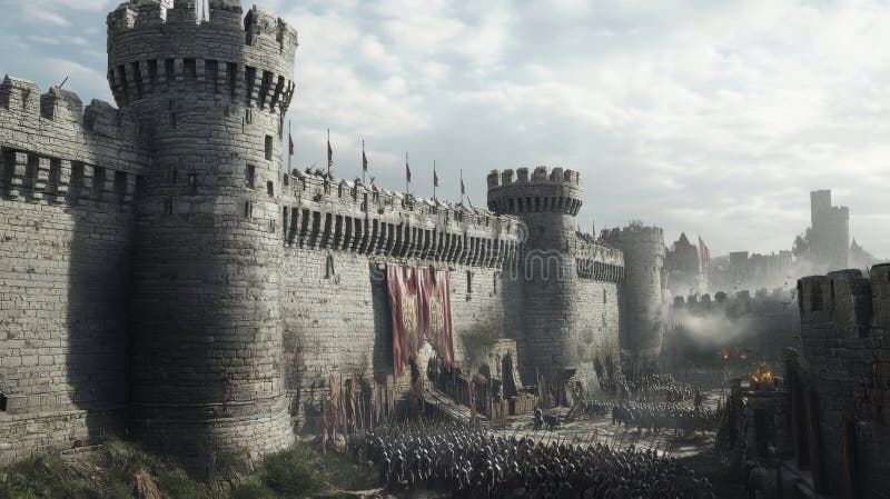 Castle Battlements Lined with Archers Preparing for an Approaching ...