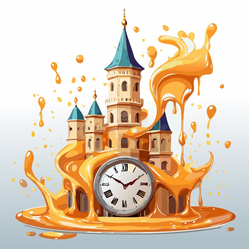 Castle and Big Clock in Splashes of Orange Paint. Vector Illustration ...