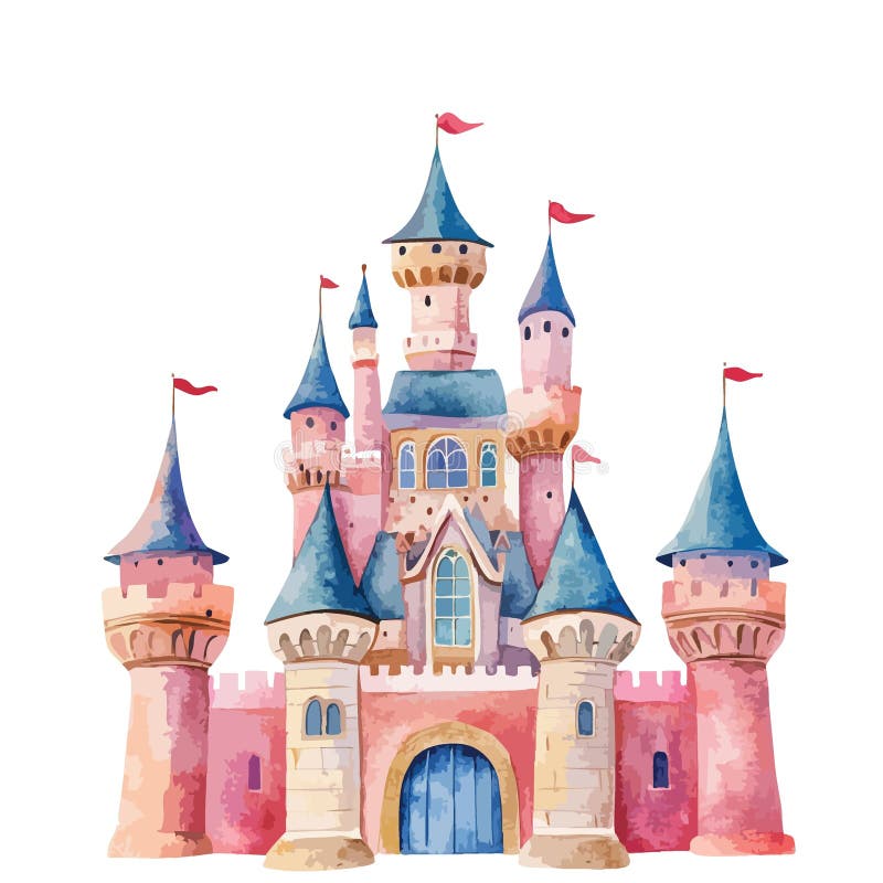 Castle with Blue and Pink Towers. the Castle Has Flags on the Top of ...