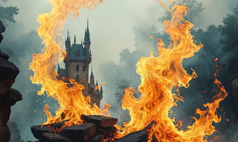Castle with Blue Roof and Towers is Engulfed in Flames, with the Fire ...