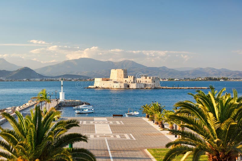 The Castle of Bourtzi in the Bay of Nafplio in Peloponnese, Greece ...