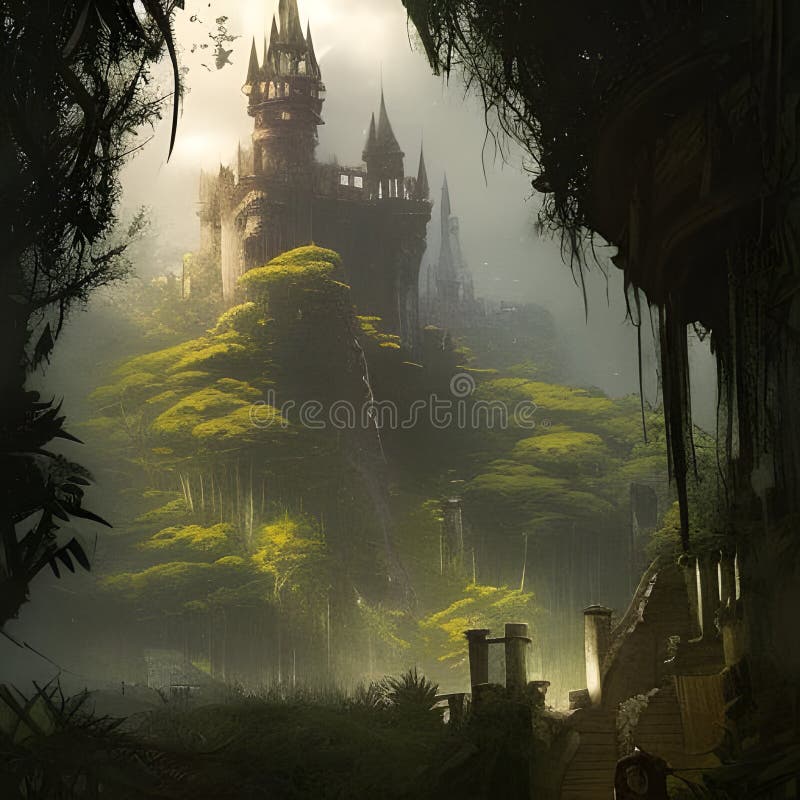 Castle in the jungle stock illustration. Illustration of canopy - 265133573