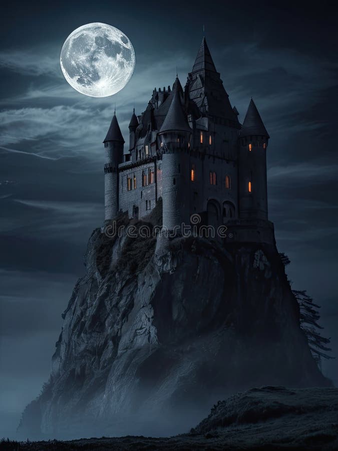 Castle on a Cliff with Full Moon in Background and Dark Sky with Clouds ...