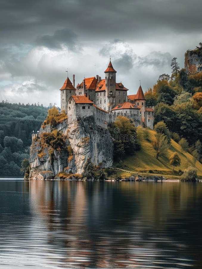 Castle on Cliff Lake stock image. Image of generated - 376777537