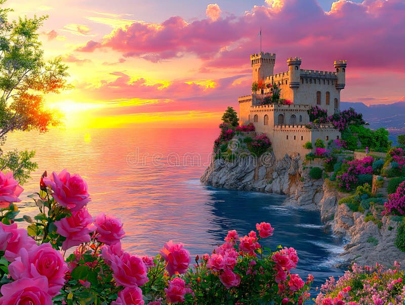 A Castle on a Cliff Overlooking the Ocean at Sunset Stock Photo - Image ...